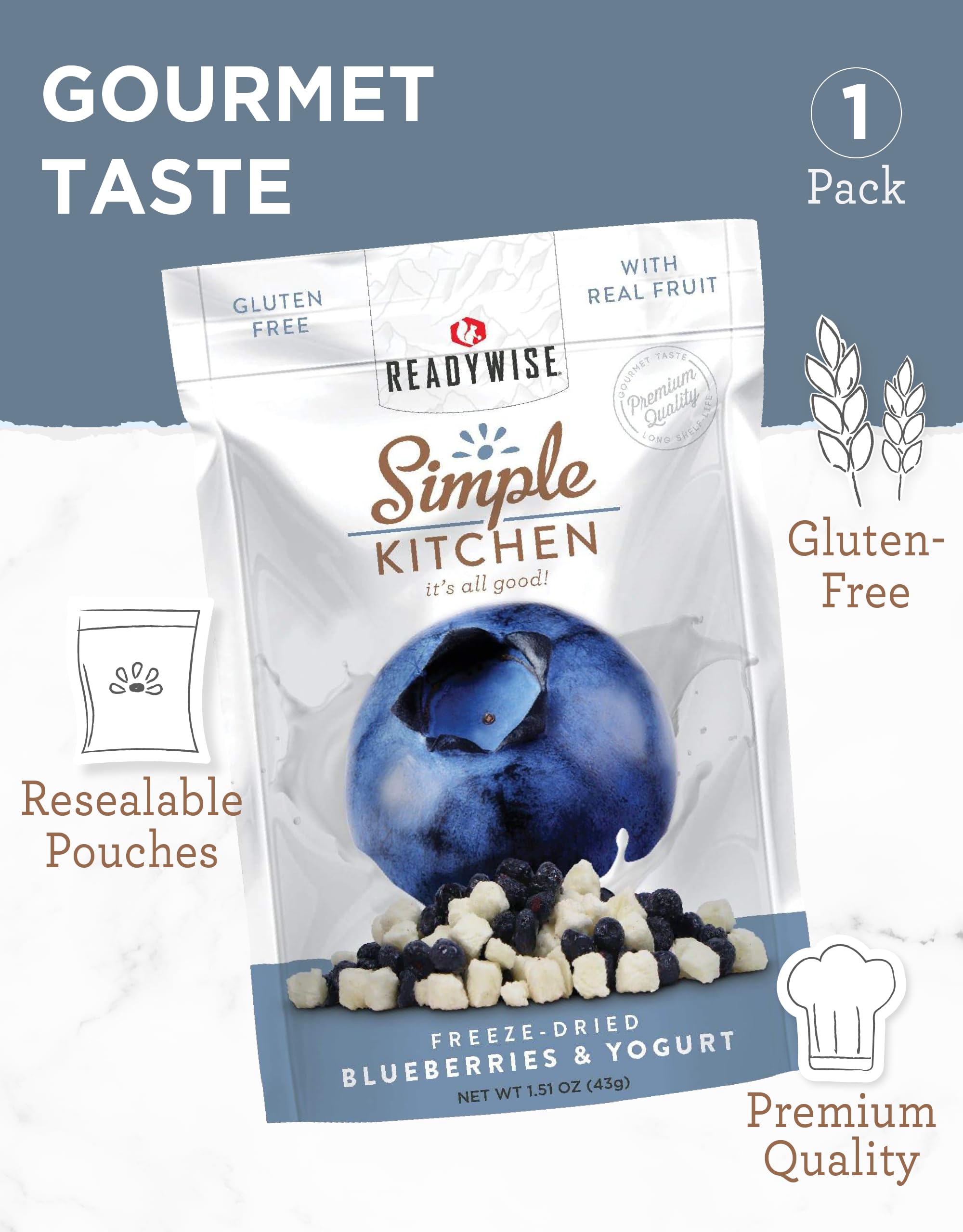 READYWISE - Simple Kitchen, Freeze-Dried Blueberries & Yogurt, Pack of 1 Vegetarian, Gluten Free, Snacks, Blueberries, Yogurt, Dried Fruit, Pre Workout, Healthy Snacks, Camping, Survival Food