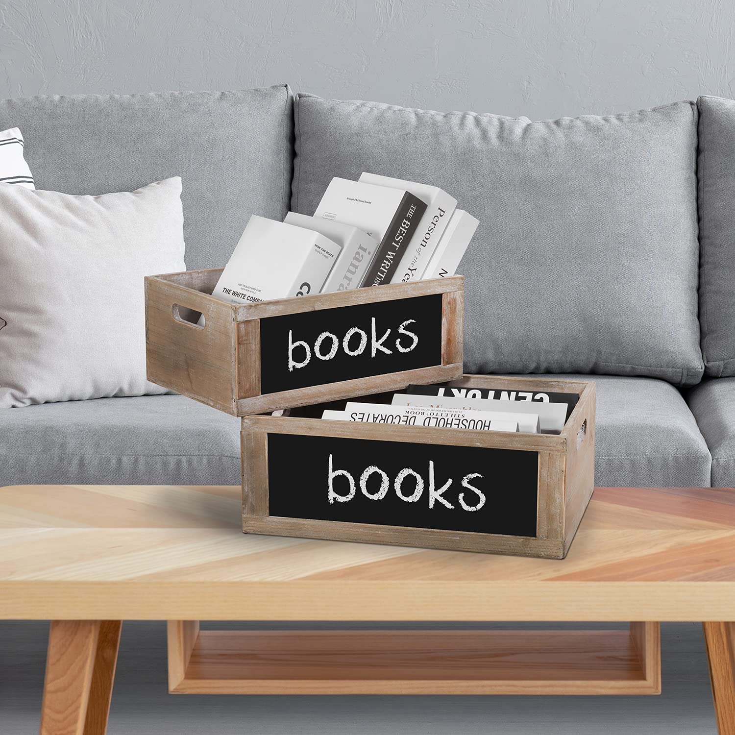 MyGift Rustic Brown Wood Crate with Chalkboard Label, Decorative Storage Bin Wooden Crates with Erasable Chalk Front Panel and Cut Out Handles, Set of 2