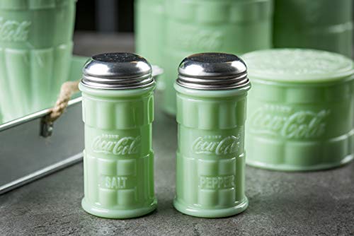 TableCraft's Coca-Cola Jadeite Salt & Pepper Shakers 2.5 x 2.5 x 4.75", Green