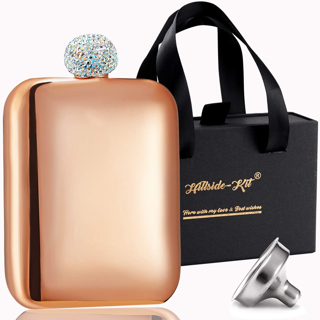 Hillside-Kit Booze Shot Flask- AB Crystal Lid Creative 304 Stainless Steel Wine Alcohol Liquor Flask for Women Girls Men Party Hand size Flask-6OZ