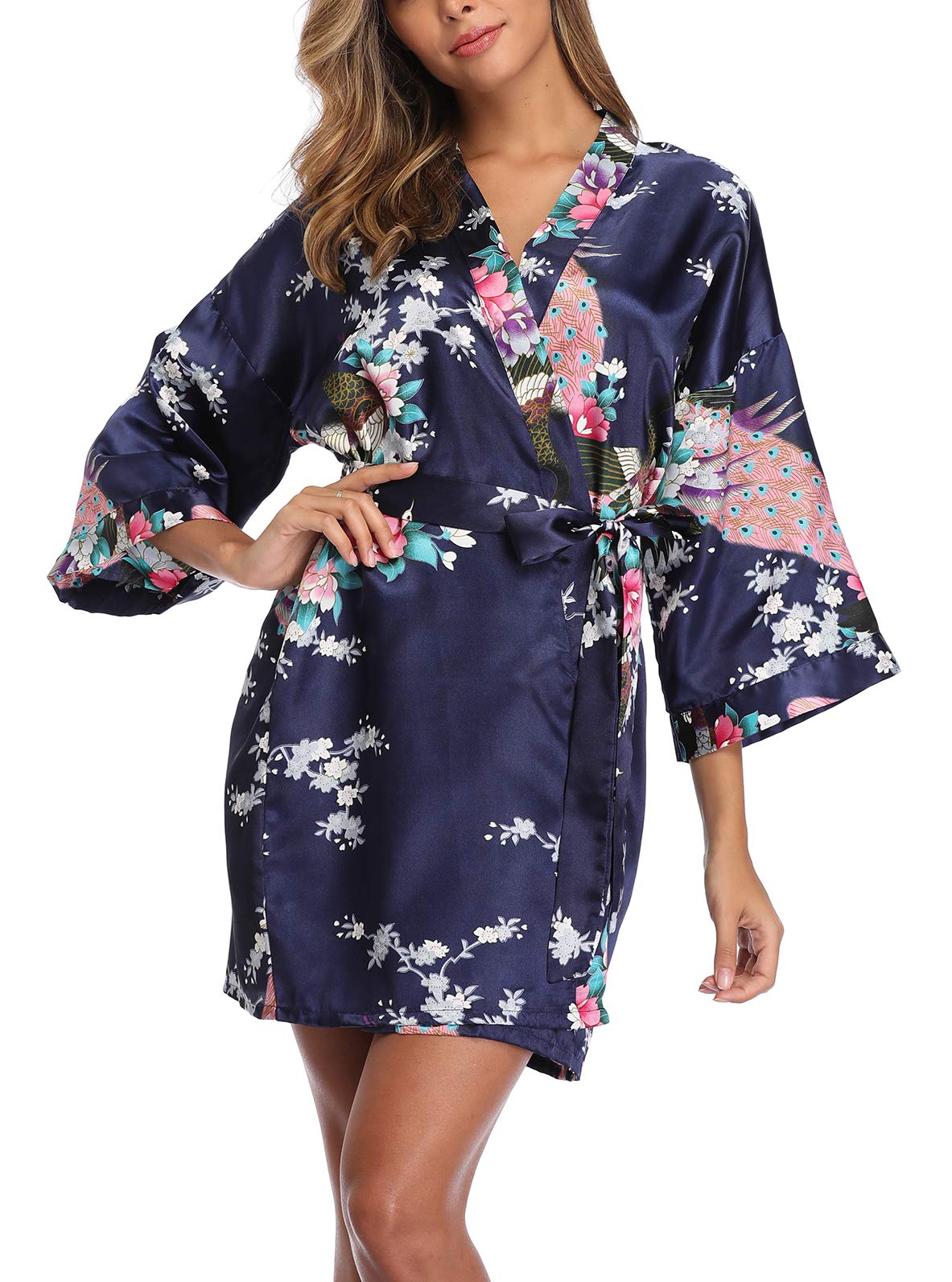 UrHot Women's Floral Kimono Satin Short Robe Peacock and Blossom Soft Bathrobe for Wedding Party Getting Ready