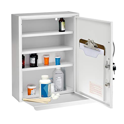 AdirMed Medicine Cabinet with Pull-Out Shelf & Document Pocket - Large Dual Lock Wall Mounted Steel Medical Organizer - Safe and Secure Storage for Medicine First Aid and Emergency Kit (White)