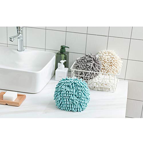 RINTATI Microfiber Hand Towel For Bathroom Blue and Grey Chenille Fluffy Decorative Small Soft Towel Ball with Loop for Kitchen Powder Room.