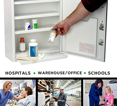 AdirMed Medicine Cabinet with Pull-Out Shelf & Document Pocket - Large Dual Lock Wall Mounted Steel Medical Organizer - Safe and Secure Storage for Medicine First Aid and Emergency Kit (White)