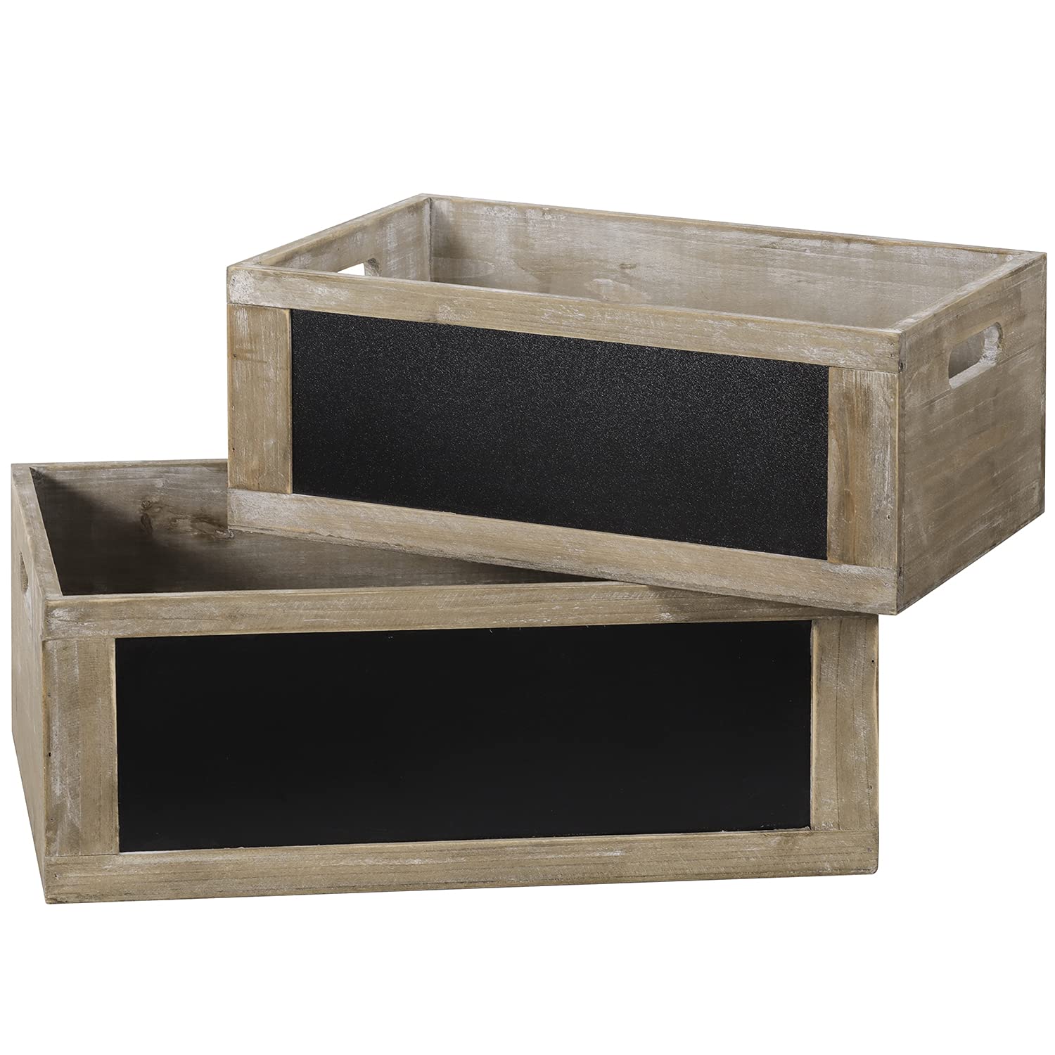 MyGift Rustic Brown Wood Crate with Chalkboard Label, Decorative Storage Bin Wooden Crates with Erasable Chalk Front Panel and Cut Out Handles, Set of 2