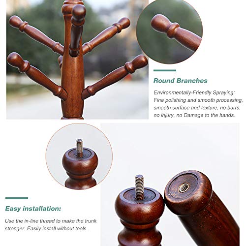 Vlush Free Standing Coat Rack, Wooden Coat Hat Tree Coat Hanger Holder Coat Hook Entryway Hall Tree with Solid Rubber Wood Base, 10 Hooks,Coffee