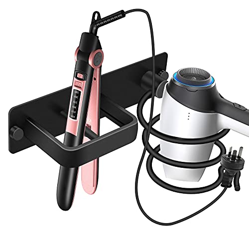 Black Hair Dryer Holder Wall Mounted, Bathroom Hair Styling Care Tool Organizer for Blow Dryer, Hair Straighteners, Space Saving Storage Bracket with Plug Hook & Cup