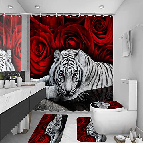 XVWJ Red Rose Tiger Shower Curtain Sets with Rugs Toilet Lid Cover and Bath Mat, Waterproof Animal Shower Curtain with Hooks, Romantic Flower Tiger Bathroom Sets with Shower Curtain and Accessories