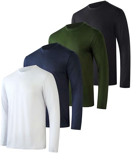 Real Essentials 4 Pack Mens Long Sleeve Shirts T-Shirt Fishing Athletic Workout Hiking UV UPF SPF Sun Protection Work Quick Dry Dri Fit Gym Tee Shirt Active Running Sport Tops Camisas Construction