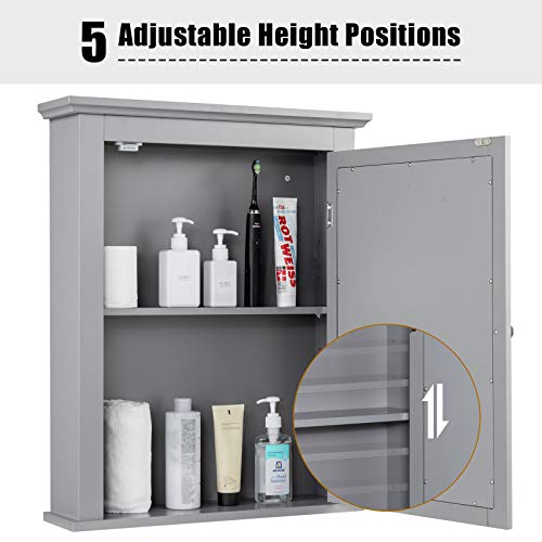 Tangkula Bathroom Cabinet with Mirror, Mirrored Wall-Mounted Storage Medicine Cabinet with Single Door & Adjustable Shelf in 5 Positions, Multipurpose Wall Cabinet for Bathroom Vestibule (Gray)