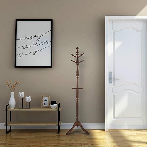 Vlush Free Standing Coat Rack, Wooden Coat Hat Tree Coat Hanger Holder Coat Hook Entryway Hall Tree with Solid Rubber Wood Base, 10 Hooks,Coffee