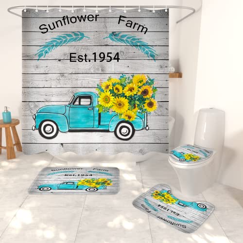 Dexsawoi 4pcs Rustic Sunflower Truck Shower Curtain Set with Non-Slip Sunflower Carpet, Toilet lid, and Bath mat. Bathroom Curtain with 12 Hooks 72 x 72 inches