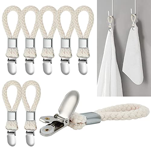 Elesunory 8PCS Hanging Tea Towels Clip, Metal Towel Hanger with Loop Cotton, Hand Towel Hook for Home Kitchen Bathroom Hanging Towels