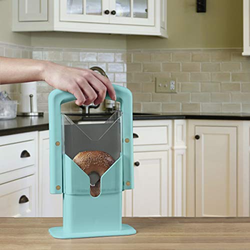 Hoan Bagel Guillotine Universal Slicer with Built In Safety Shield to Protect Fingers. Perfect for Smoothly Slicing Bagels, Buns, Muffins and More, Non Stick. 9.25 inch, Aqua Sky