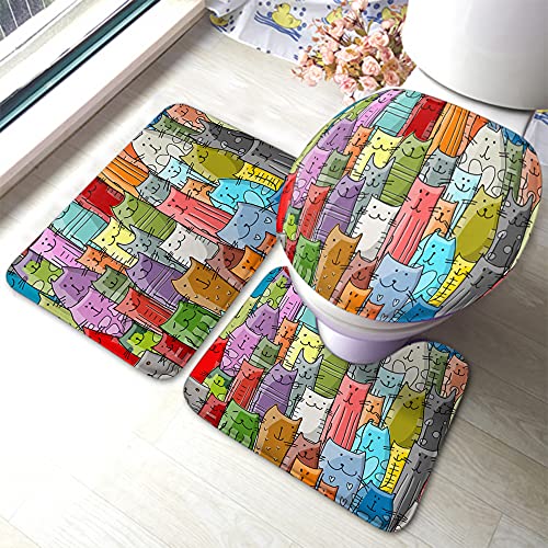 Wondertify Funny Cats Family Bathroom Antiskid Pad Cute Animal Crowd Fun Grace Joy Lazy Love 3 Pieces Bathroom Rugs Set, Bath Mat+Contour+Toilet Lid Cover