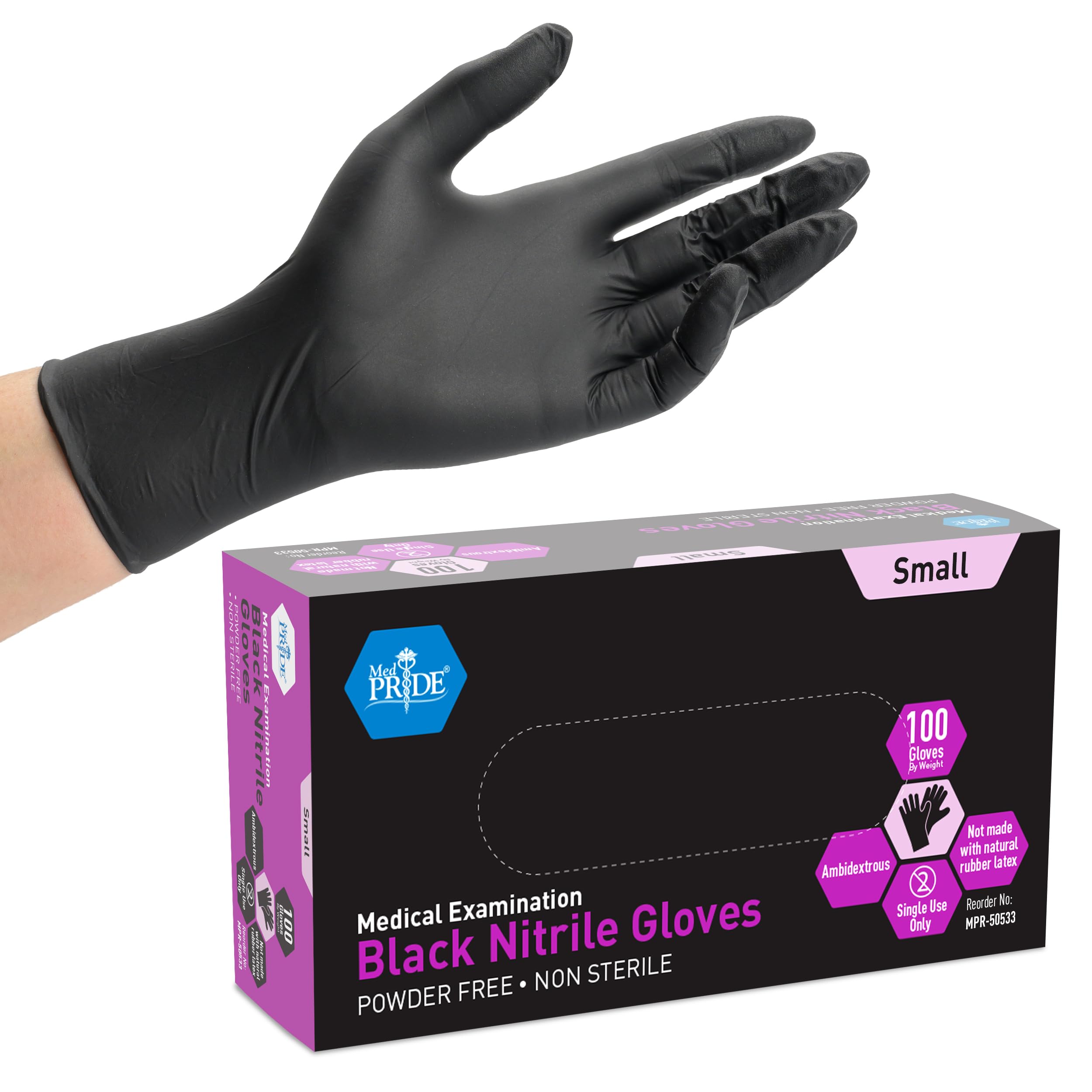 MED PRIDE Black Nitrile Medical Examination Gloves (Small, 100-Count) Ultra-Strong 6 mil Thick, Latex & Rubber Free, Disposable Powder-Free Gloves for Healthcare & Food Handling Use