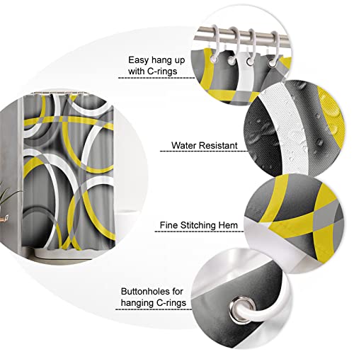 EwdeWwo Modern Art 4 Piece Shower Curtain Sets with Non-Slip Rugs, Toilet Lid Cover and Bath Mat, Yellow Gray and White Circle Abstract Geometric Shower Curtain with Hooks, Durable and Waterproof