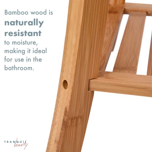 Tranquil Beauty 2-Tier Bamboo Shower Bench with Storage Shelf and Handels - Wooden Bathroom Stool - Wood Bath Chair for Sitting and Storage