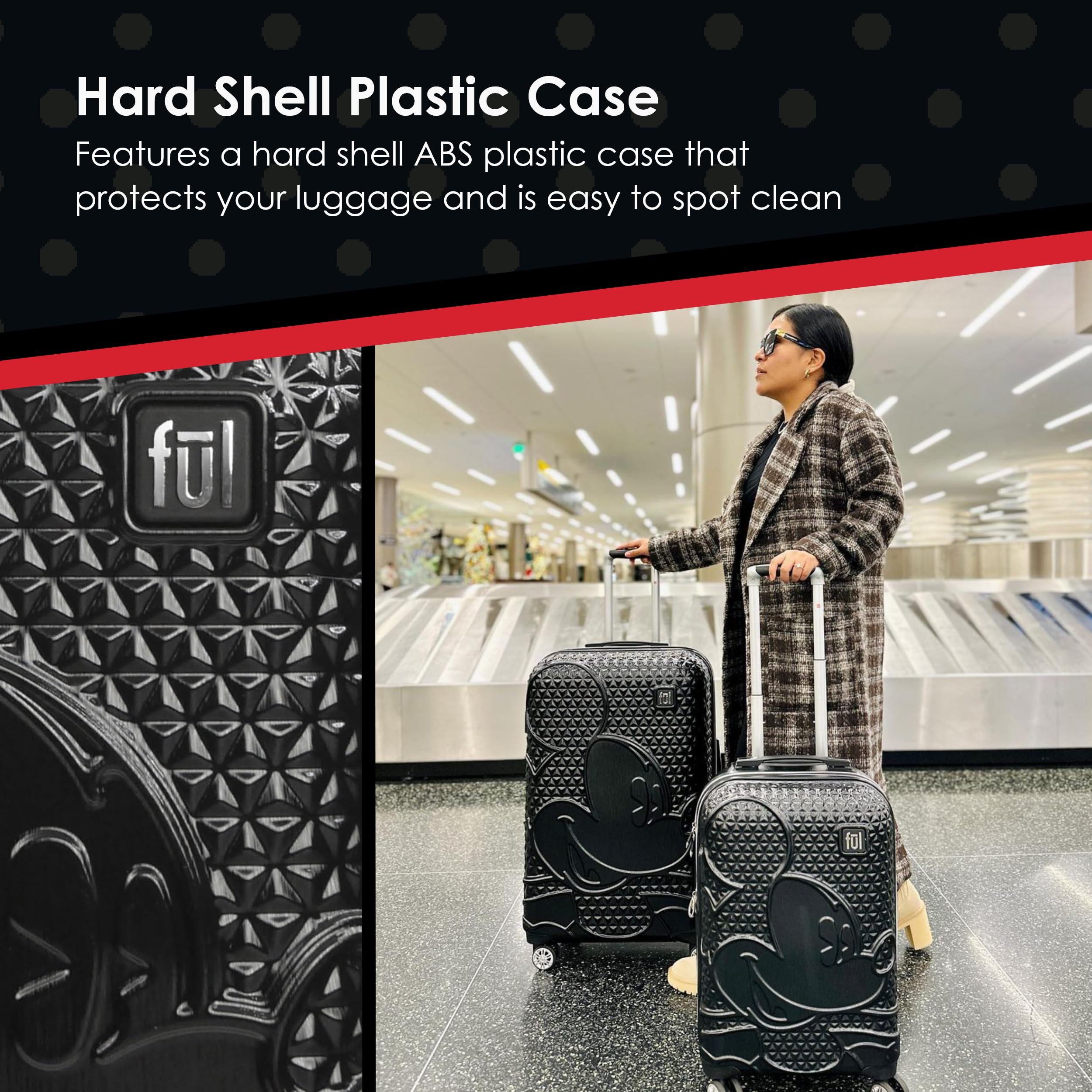 FUL Disney Mickey Mouse Rolling Luggage, Hardside Suitcase with Spinner Wheels, Black, 29 Inch