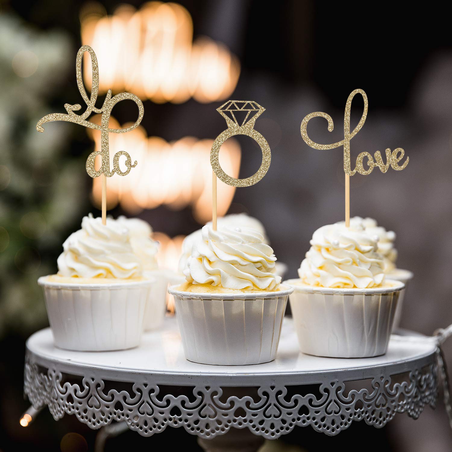Donoter 48 Pcs Gold Glitter Diamond Ring Love I Do Cupcake Topper Picks for Wedding Engagement Party Cake Decorations