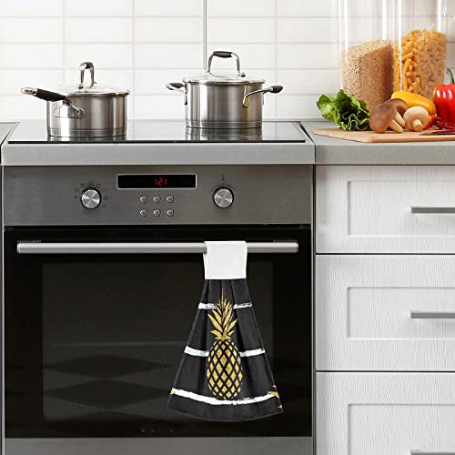Yellow Gold Golden Glitter Pineapple On White Black Stripes 2 Pcs Hanging Kitchen Hand Towels, Hanging Tie Towels with Hook & Loop Dishcloths Sets, Decorative Absorbent Tea Bar Bath Hand Towel