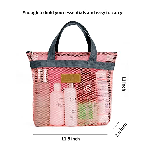 TOPASION Mesh Shower Caddy Bag Portable Hanging Toiletry and Bath Organizer with Zipper for Travel, Swimming, Gym, Camping, College Dorms, Beach (Pink)