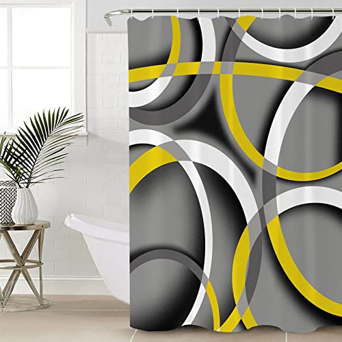 EwdeWwo Modern Art 4 Piece Shower Curtain Sets with Non-Slip Rugs, Toilet Lid Cover and Bath Mat, Yellow Gray and White Circle Abstract Geometric Shower Curtain with Hooks, Durable and Waterproof