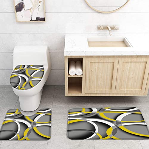 EwdeWwo Modern Art 4 Piece Shower Curtain Sets with Non-Slip Rugs, Toilet Lid Cover and Bath Mat, Yellow Gray and White Circle Abstract Geometric Shower Curtain with Hooks, Durable and Waterproof