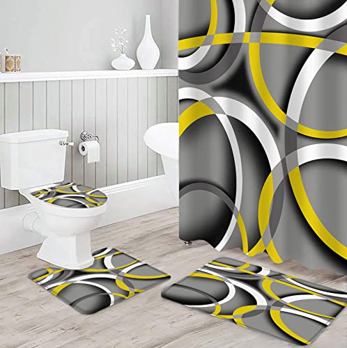 EwdeWwo Modern Art 4 Piece Shower Curtain Sets with Non-Slip Rugs, Toilet Lid Cover and Bath Mat, Yellow Gray and White Circle Abstract Geometric Shower Curtain with Hooks, Durable and Waterproof