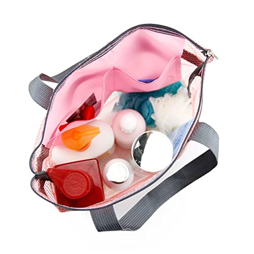 TOPASION Mesh Shower Caddy Bag Portable Hanging Toiletry and Bath Organizer with Zipper for Travel, Swimming, Gym, Camping, College Dorms, Beach (Pink)