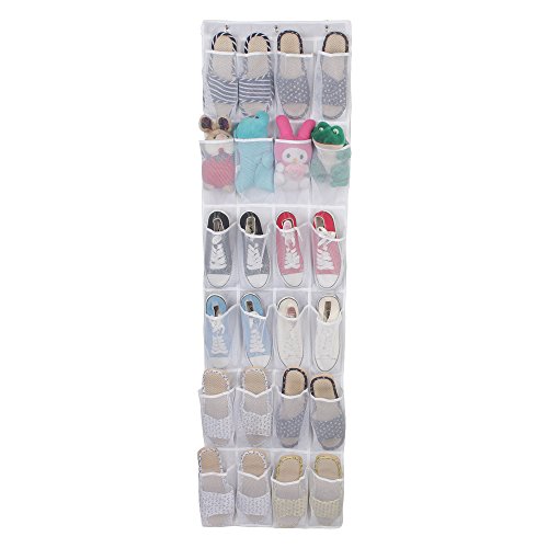 24 Grid Large Pockets Mesh Storage Bag Behind The Door, Over The Door Hanging Shoe Organizer , Free iInstallation, Carrying Stainless Steel Hooks(White)