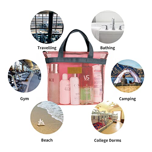 TOPASION Mesh Shower Caddy Bag Portable Hanging Toiletry and Bath Organizer with Zipper for Travel, Swimming, Gym, Camping, College Dorms, Beach (Pink)