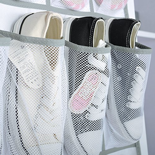 24 Grid Large Pockets Mesh Storage Bag Behind The Door, Over The Door Hanging Shoe Organizer , Free iInstallation, Carrying Stainless Steel Hooks(White)