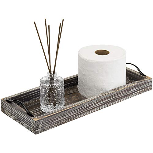 MyGift 16 Inch Rustic Torched Wood Toilet Tank Tray Organizer Storage Countertop Jewelry and Vanity Tray with Black Metal Handles