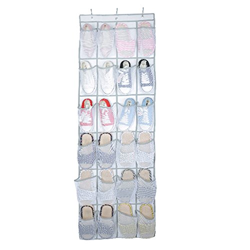 24 Grid Large Pockets Mesh Storage Bag Behind The Door, Over The Door Hanging Shoe Organizer , Free iInstallation, Carrying Stainless Steel Hooks(White)