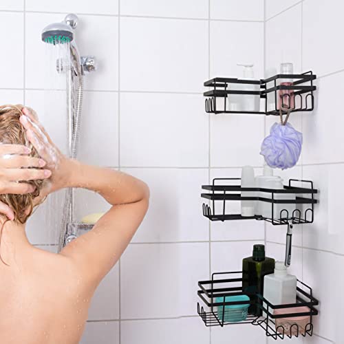 Corner Shower Caddy Adhesive Shower Organizer Corner No Drilling Shower Caddy Bathroom Wall Mounted Bathroom Storage Rack with Hooks 3 Pack (Black)