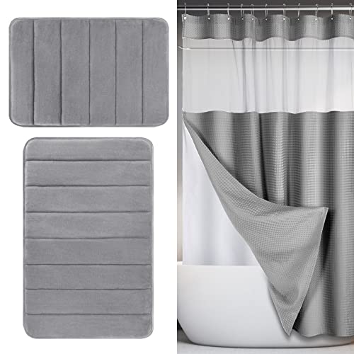 Yimobra Memory Foam Bath Mat Set & Yimobra Waffle Weave Shower Curtain Set with Snap-in Fabric Liner, Heavyweight Fabric with 12 Hooks