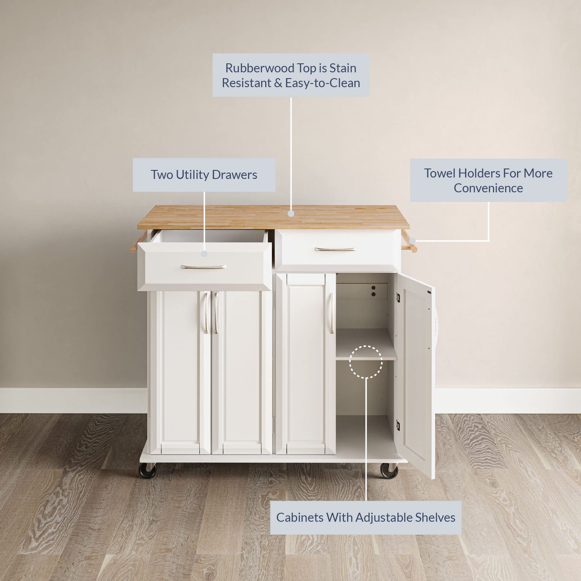 BELLEZE Rolling Kitchen Island Cart on Wheels with Storage Cabinet, Mobile Kitchen Cart Island Table with 2 Drawers Towel Racks Rubber Wood Top Coffee Bar for Dinning Room, 41.7”Lx18.5”Wx37”H, White