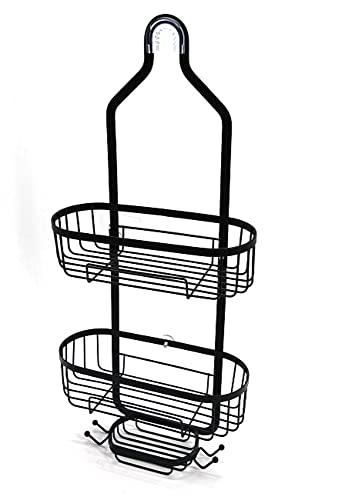 kinla Rustproof Shower Caddy 2 Tier Bathroom Organizer with Hooks and Shelves - Overhead Hanging Storage Rack for Shampoo, Soap, Razor, and Washcloth (Black)
