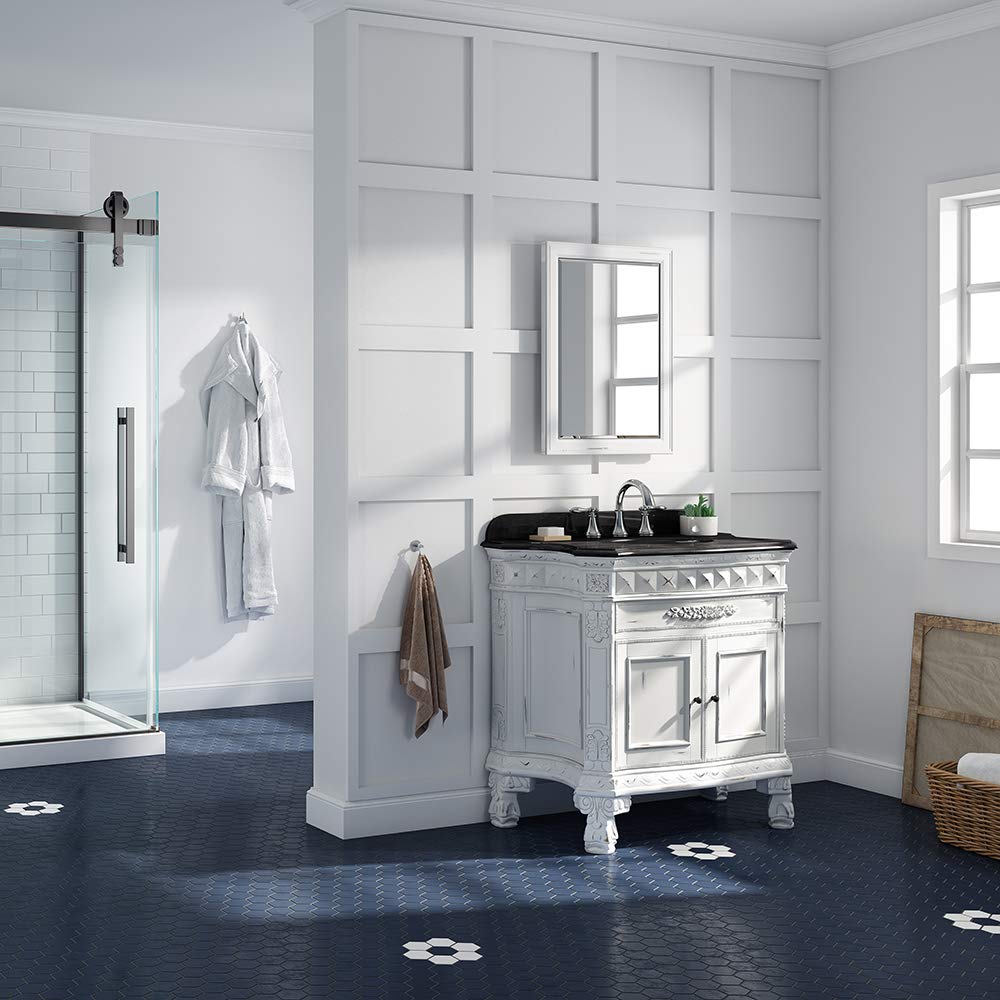 Ove Decors Islay 36 in. Bathroom Vanity and Sink Combo Carved Cabinet with Black Granite Top | Backsplash Included, 35 inches, Antique White Gold Brushed