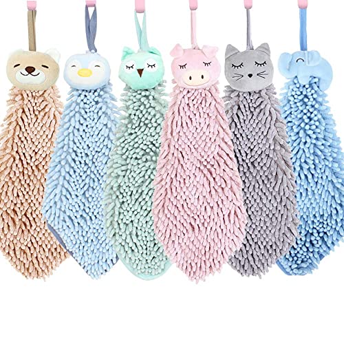 6 Pack Cute Chenille Soft Hanging Hand Towels, Funny Cat, Pig, Owl, Penguin, Elephent, Bear Washcloths, Absorbent Thick Kitchen&Bathroom Microfiber Towel Bulk (Grey+Pink+Green+Sky Blue+Orange