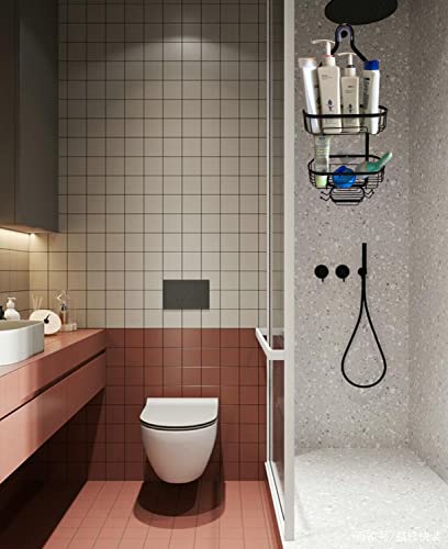 kinla Rustproof Shower Caddy 2 Tier Bathroom Organizer with Hooks and Shelves - Overhead Hanging Storage Rack for Shampoo, Soap, Razor, and Washcloth (Black)