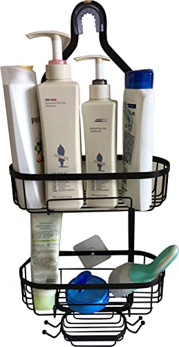 kinla Rustproof Shower Caddy 2 Tier Bathroom Organizer with Hooks and Shelves - Overhead Hanging Storage Rack for Shampoo, Soap, Razor, and Washcloth (Black)