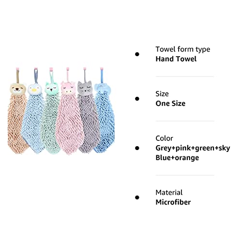6 Pack Cute Chenille Soft Hanging Hand Towels, Funny Cat, Pig, Owl, Penguin, Elephent, Bear Washcloths, Absorbent Thick Kitchen&Bathroom Microfiber Towel Bulk (Grey+Pink+Green+Sky Blue+Orange