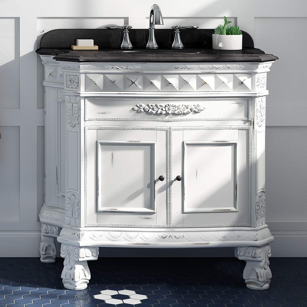 Ove Decors Islay 36 in. Bathroom Vanity and Sink Combo Carved Cabinet with Black Granite Top | Backsplash Included, 35 inches, Antique White Gold Brushed