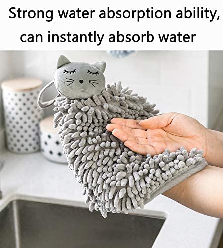 6 Pack Cute Chenille Soft Hanging Hand Towels, Funny Cat, Pig, Owl, Penguin, Elephent, Bear Washcloths, Absorbent Thick Kitchen&Bathroom Microfiber Towel Bulk (Grey+Pink+Green+Sky Blue+Orange