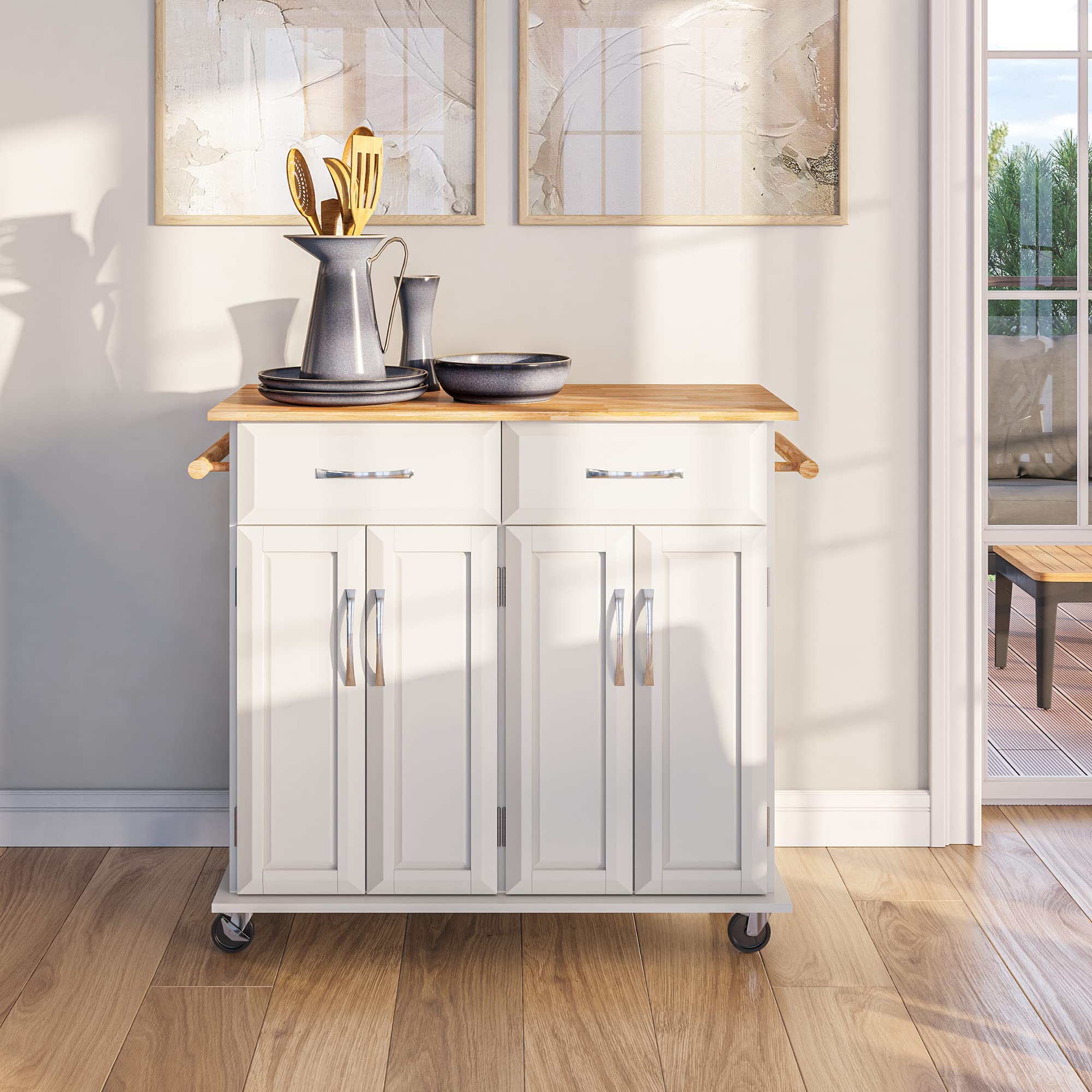 BELLEZE Rolling Kitchen Island Cart on Wheels with Storage Cabinet, Mobile Kitchen Cart Island Table with 2 Drawers Towel Racks Rubber Wood Top Coffee Bar for Dinning Room, 41.7”Lx18.5”Wx37”H, White