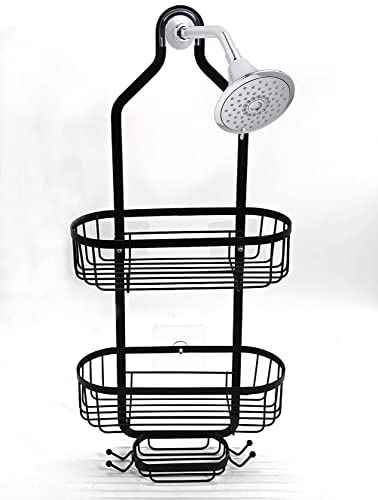 kinla Rustproof Shower Caddy 2 Tier Bathroom Organizer with Hooks and Shelves - Overhead Hanging Storage Rack for Shampoo, Soap, Razor, and Washcloth (Black)