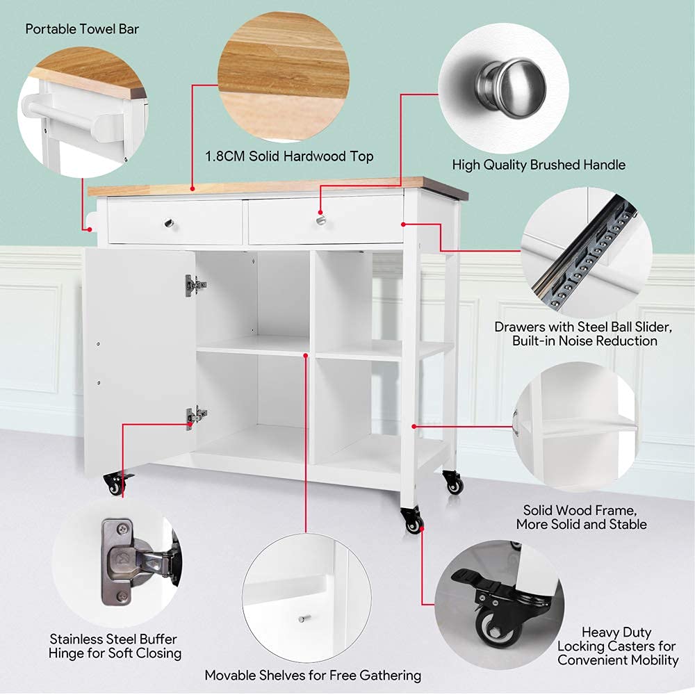 ChooChoo Kitchen Cart on Wheels with Wood Top, Utility Wood Kitchen Islands with Storage and Drawers, Easy Assembly - White