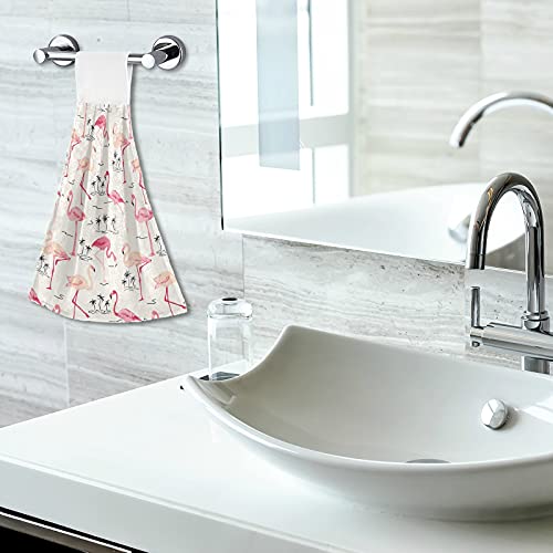 MCHIVER 2 Pcs Hanging Kitchen Hand Towels with Loop, Flamingo Decorative Towels Absorbent Towel for Bathroom, Laundry Room